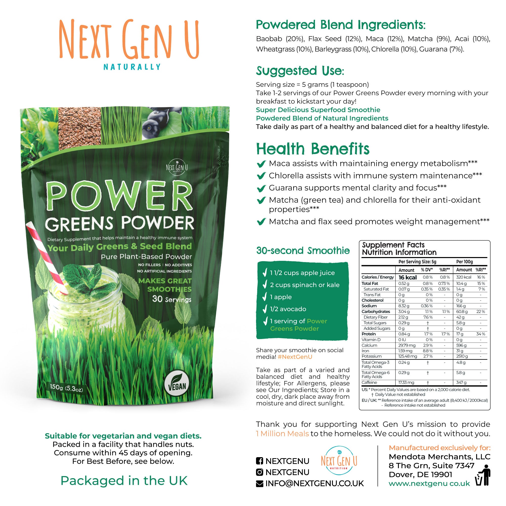 Organic Vegan Super Greens Powder 150g – Next Gen U